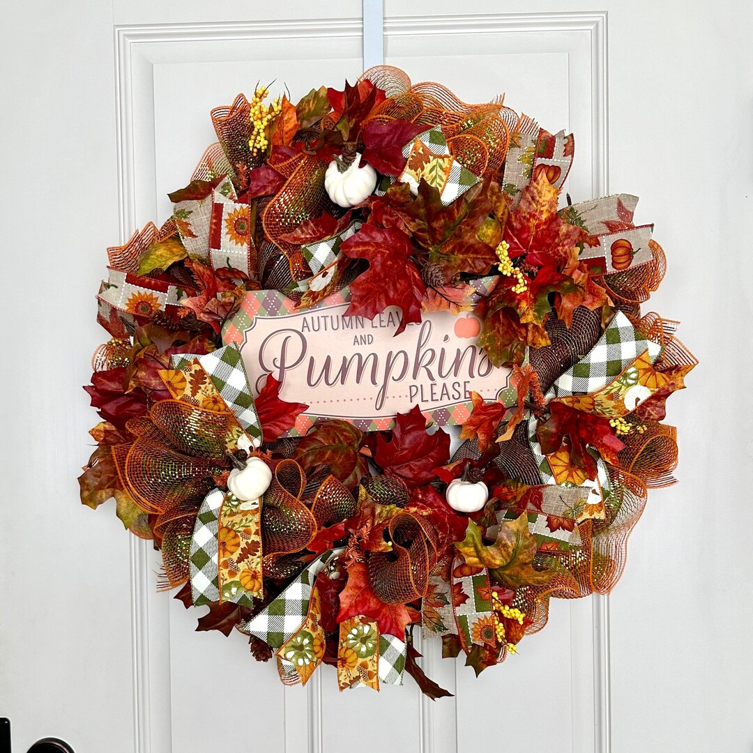 Autumn Welcome Door Wreath, Fall Harvest Home Decor, Pumpkin and Leaves ...
