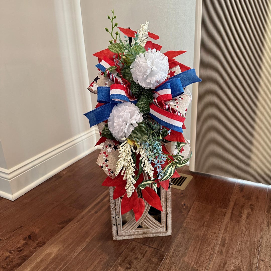Patriotic Lantern Bow Swag, 4th of July Front Porch Decor, Floral ...