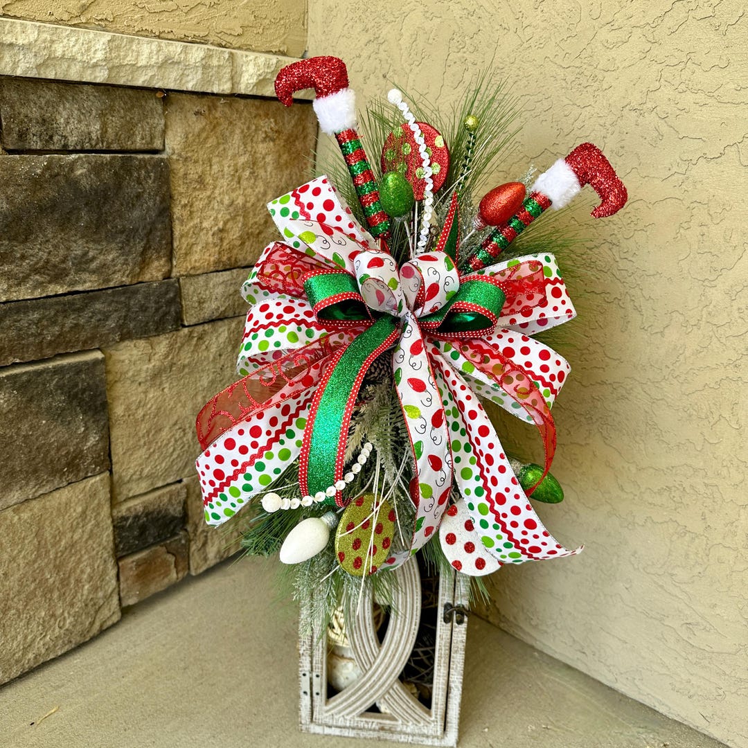 Red Green Tree Topper Elf Legs, Large Christmas Lantern Swag, Whimsical ...