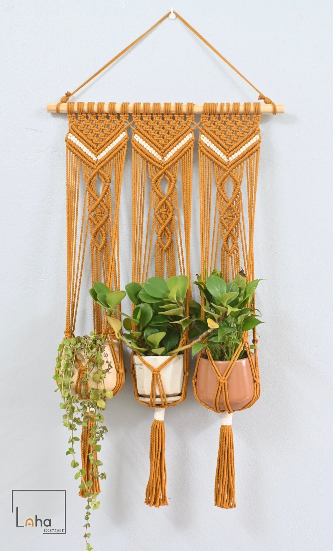Warm Toned 3-pot Hanging Planter, Boho Home Decor, Wall Plant Hanging ...