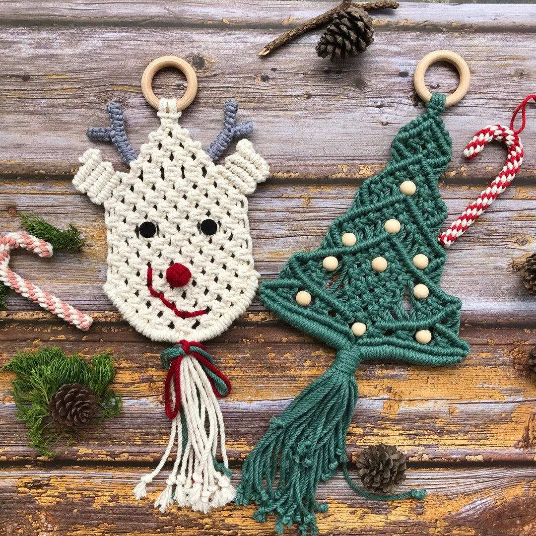 Christmas Reindeer Face and Pine Tree Decor, Macrame Reindeer and Pine ...