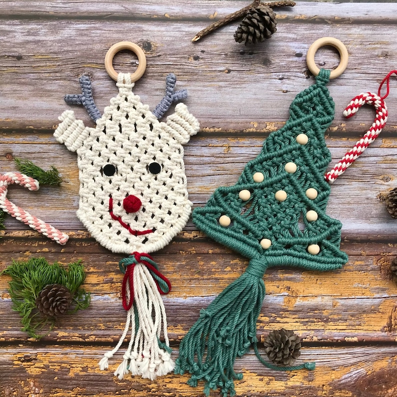 Christmas Reindeer Face and Pine Tree Decor Macrame Reindeer - Etsy