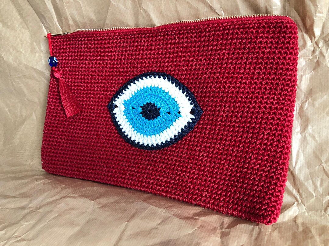 Crochet Rectangular Red Blue Evil Eye Zipper Clutch Women Bag Special ...