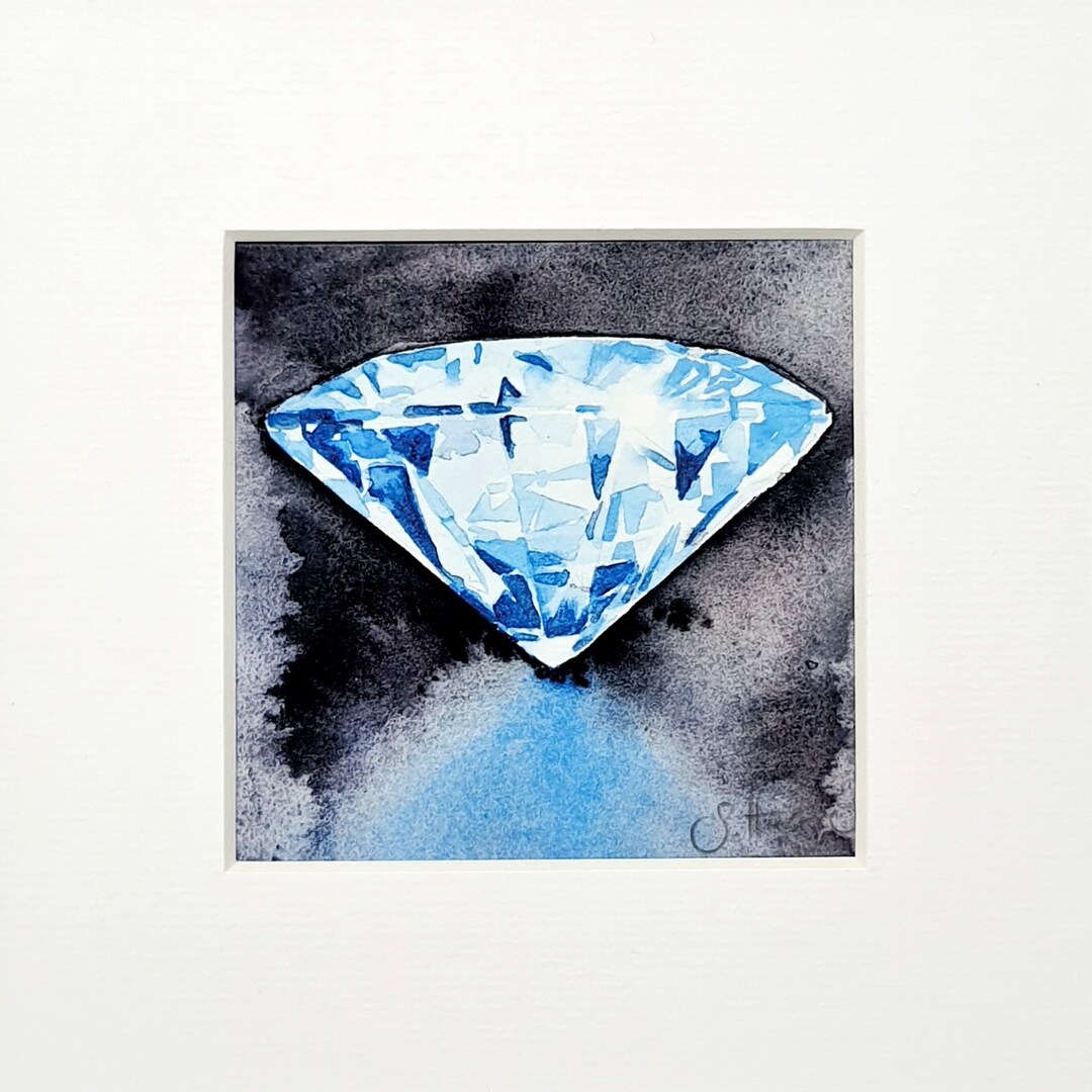 Mini Watercolor Blue Diamond, Art Print With Passepartout Hand-signed ...