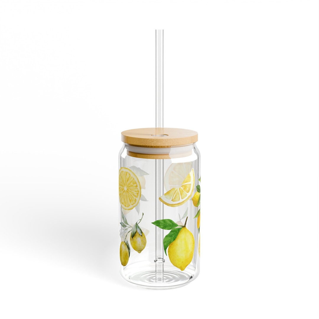 Lemon Themed Glass Cup With Straw and Bamboo Lid, Sipper Glass, Coffee ...