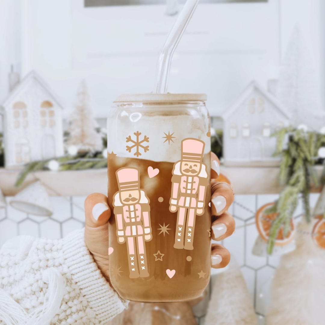 16oz Christmas Nutcracker Glass Cup With Bamboo Lid and Straw Cute Pink ...