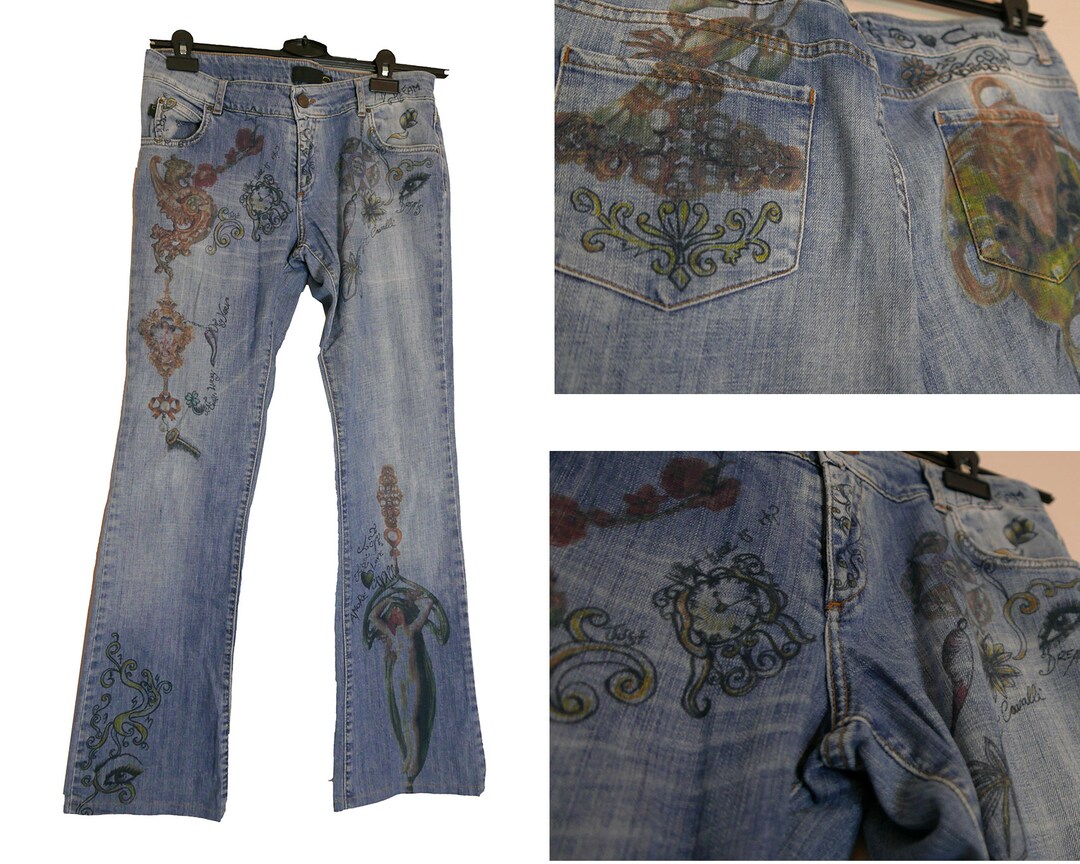 Roberto Cavalli Vintage Tattoo Pirate Jeans 90s 2000s Y2K Chains Print ...