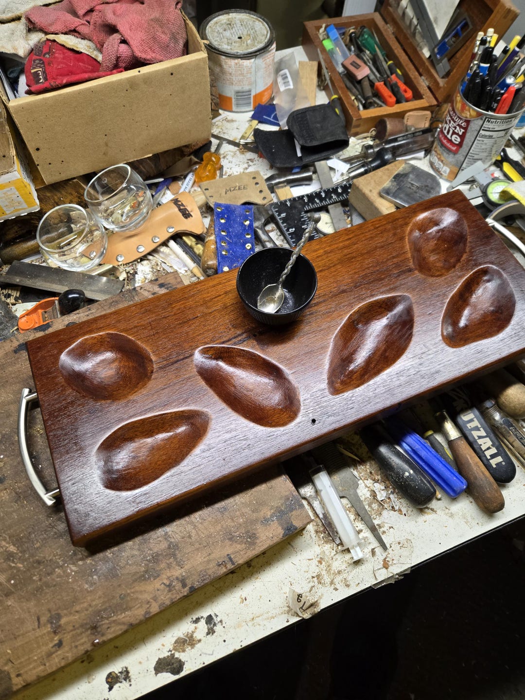 Mahogany Oyster Board, Hand Carved, With Condiment Dish & Silver Spoon ...