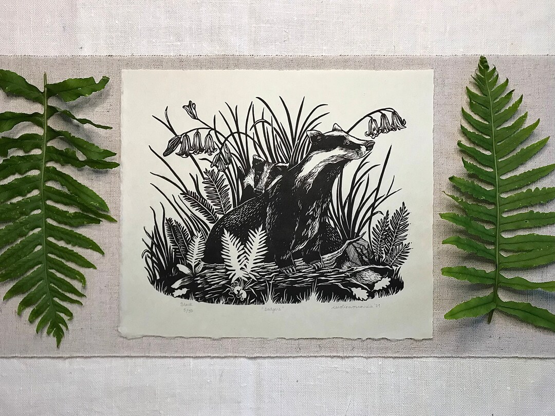 Badgers Original Handmade Linocut Print Cute Cottage Core Artwork ...