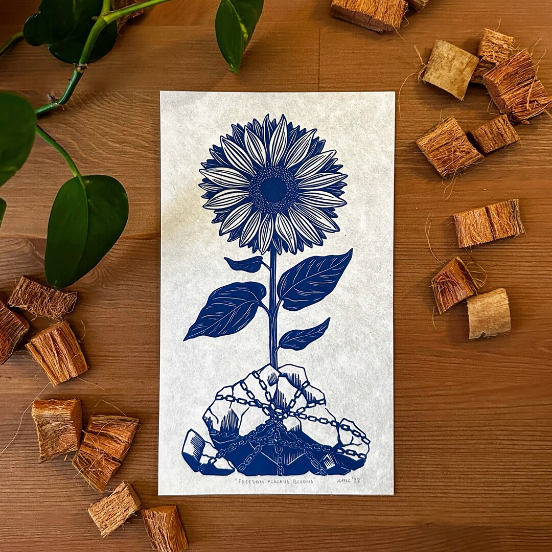 Freedom Always Blooms Original Handmade Linocut Print Botanical Wall ...
