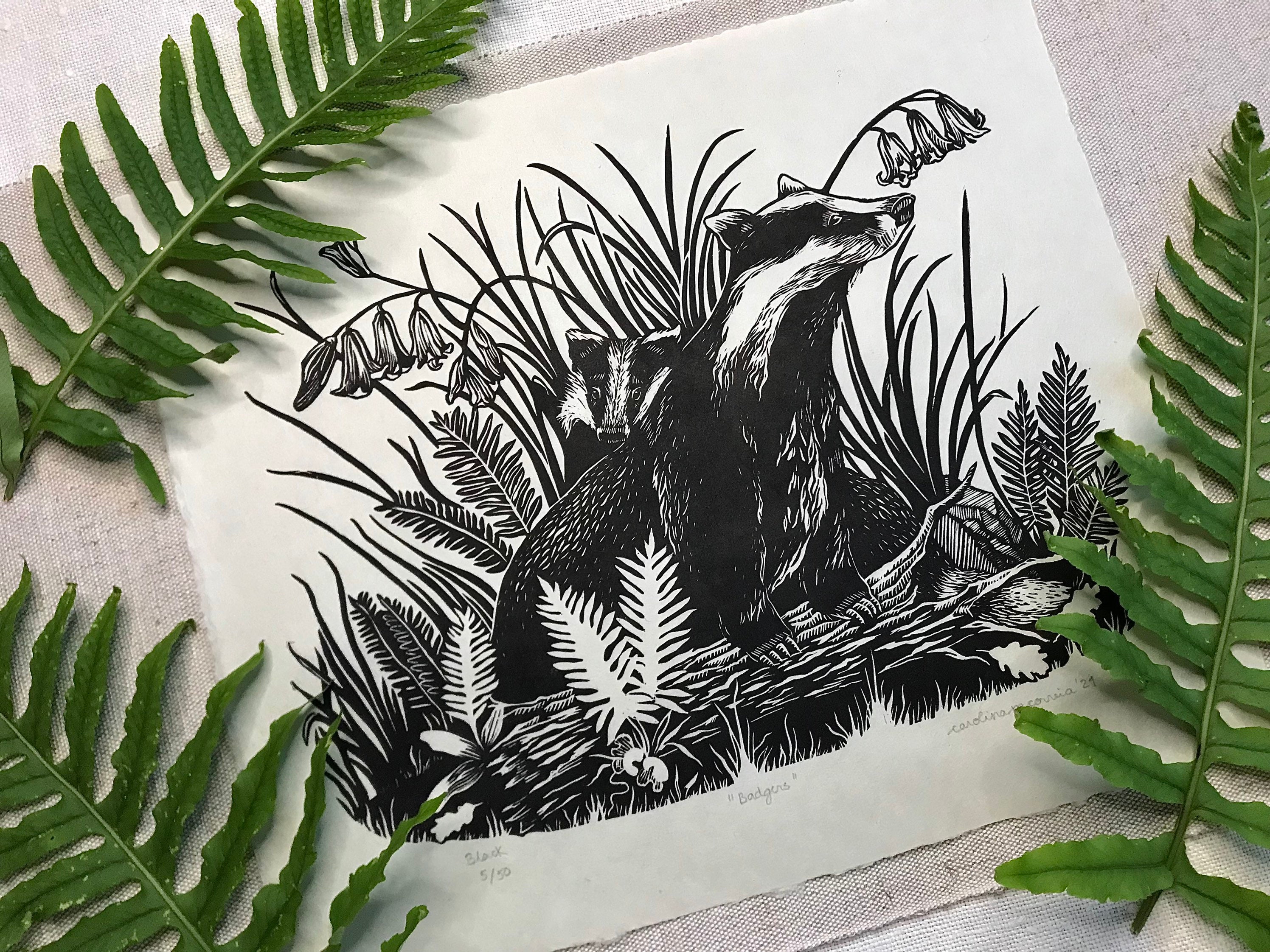 Badgers Original Handmade Linocut Print Cute Cottage Core Artwork ...