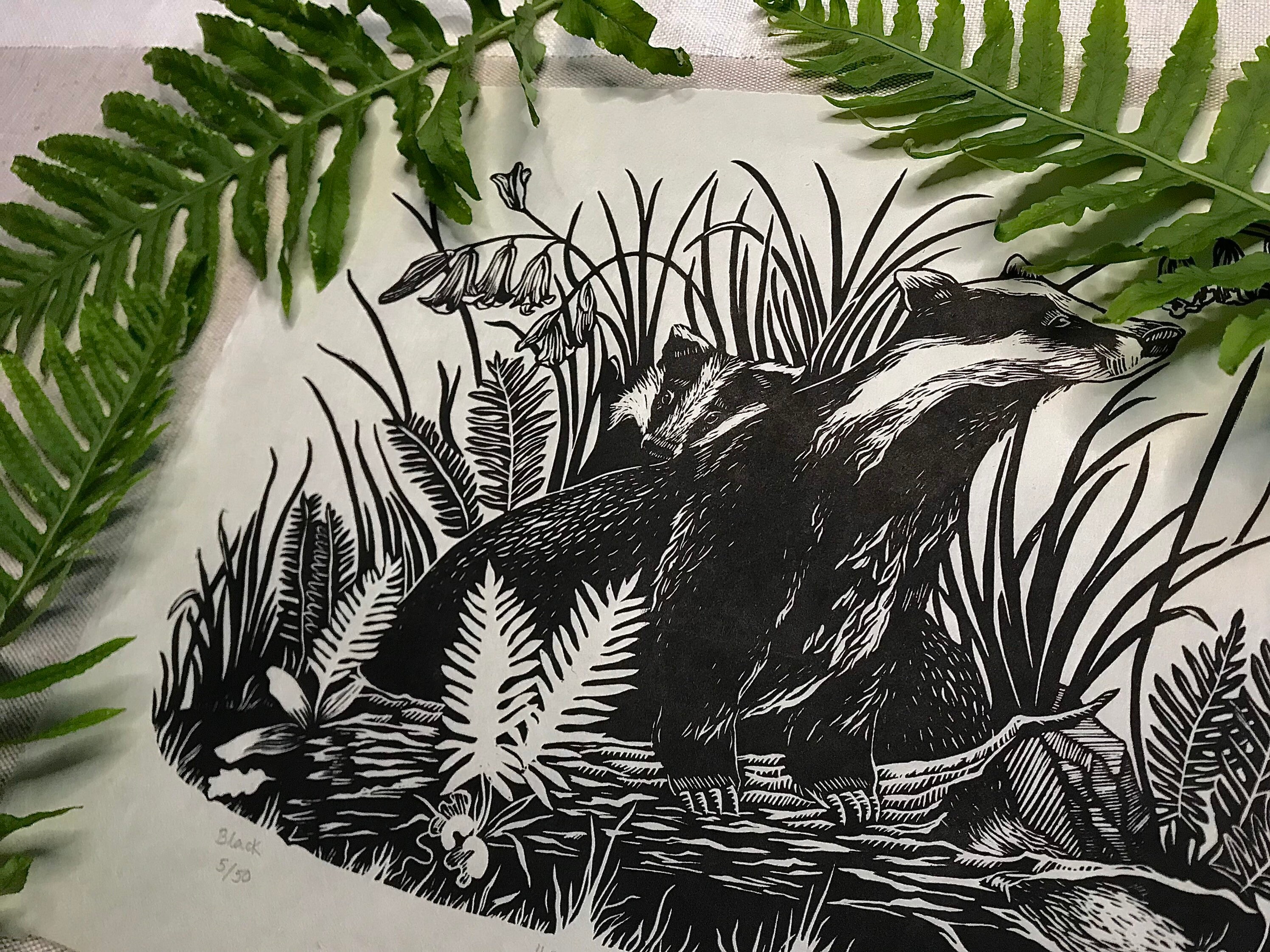 Badgers Original Handmade Linocut Print Cute Cottage Core Artwork ...