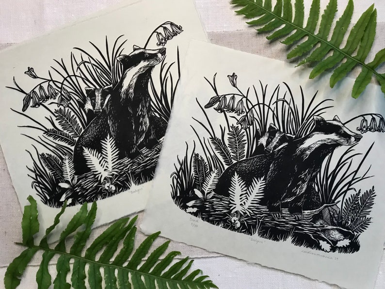 Badgers Original Handmade Linocut Print Cute Cottage Core Artwork ...