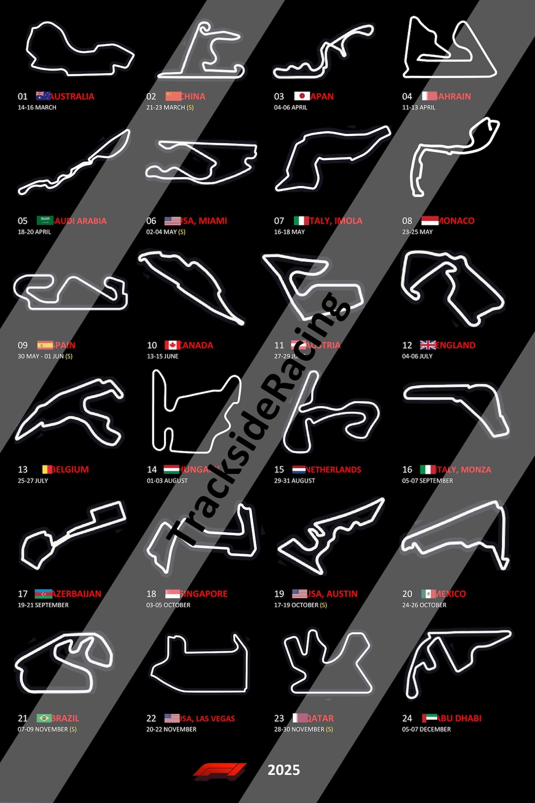 Formula 1 Calendar. 2025 F1 Circuits. F1 Schedule With Dates. - Etsy UK