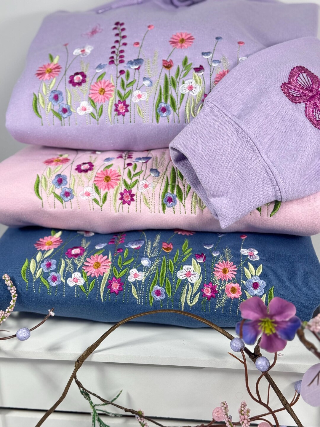 Pink Spring Wildflowers Embroidered Hoodie | Embroidered Sweatshirt ...