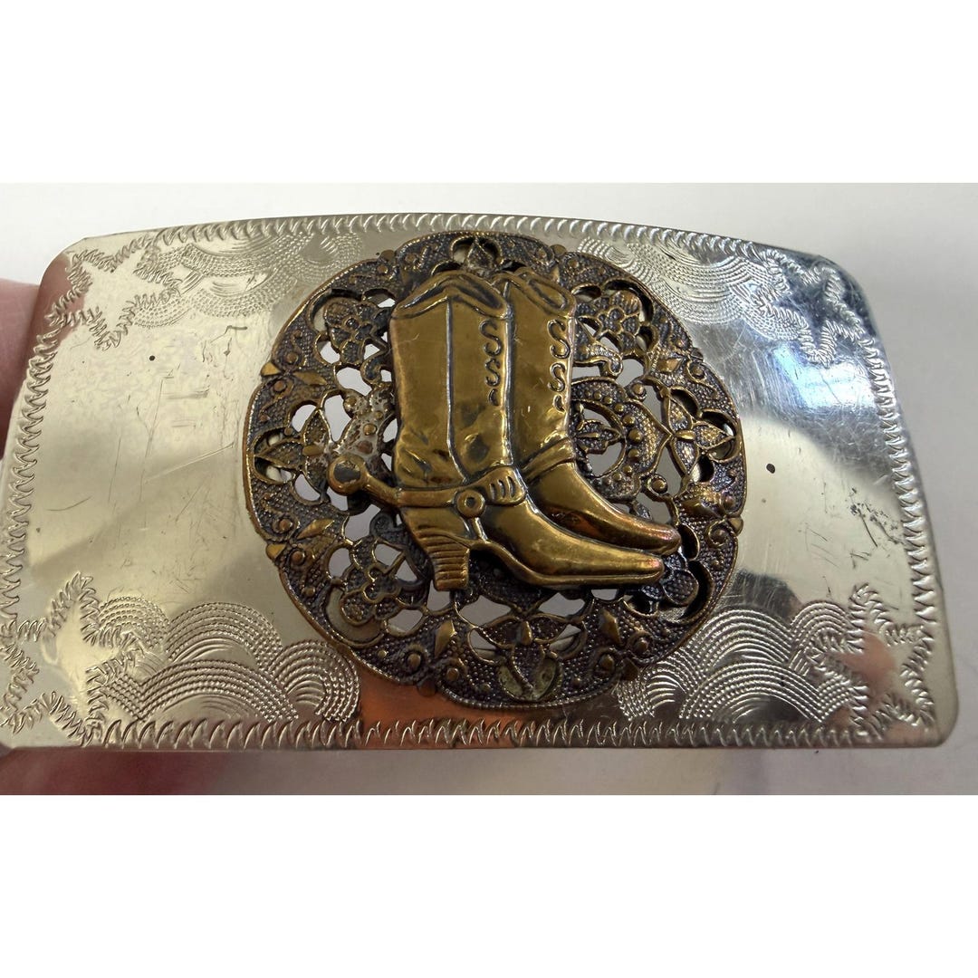 Vintage Cowboy Boots Belt Buckle Western Style Silver Tone Filigree ...