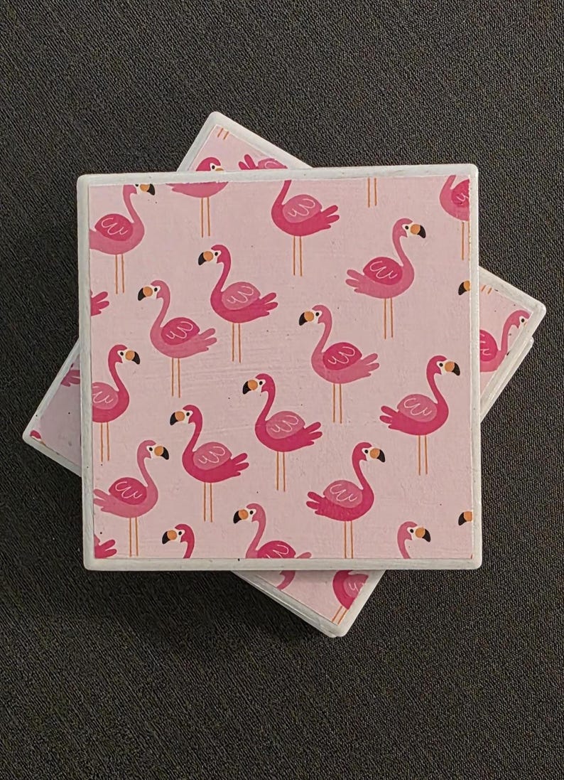 New Arrival! Set of 4 Decoupage FLAMINGO PINK Ceramic Tile Coaster Set ...