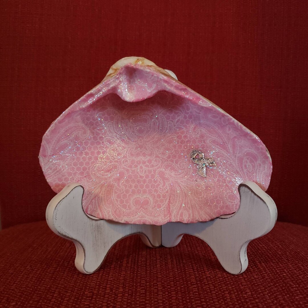 Decoupage 6" Clam Shell BREAST CANCER AWARENESS Ribbon With Wood ...
