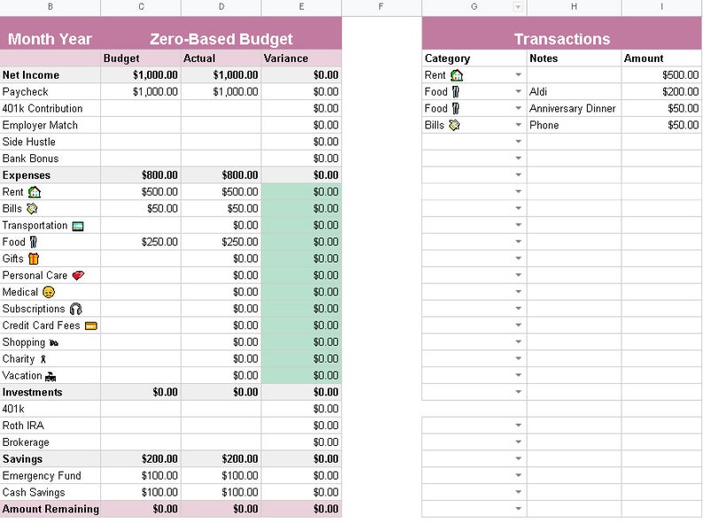 Simple Zero Based Budget Excel Template Excel Spreadsheet Etsy UK