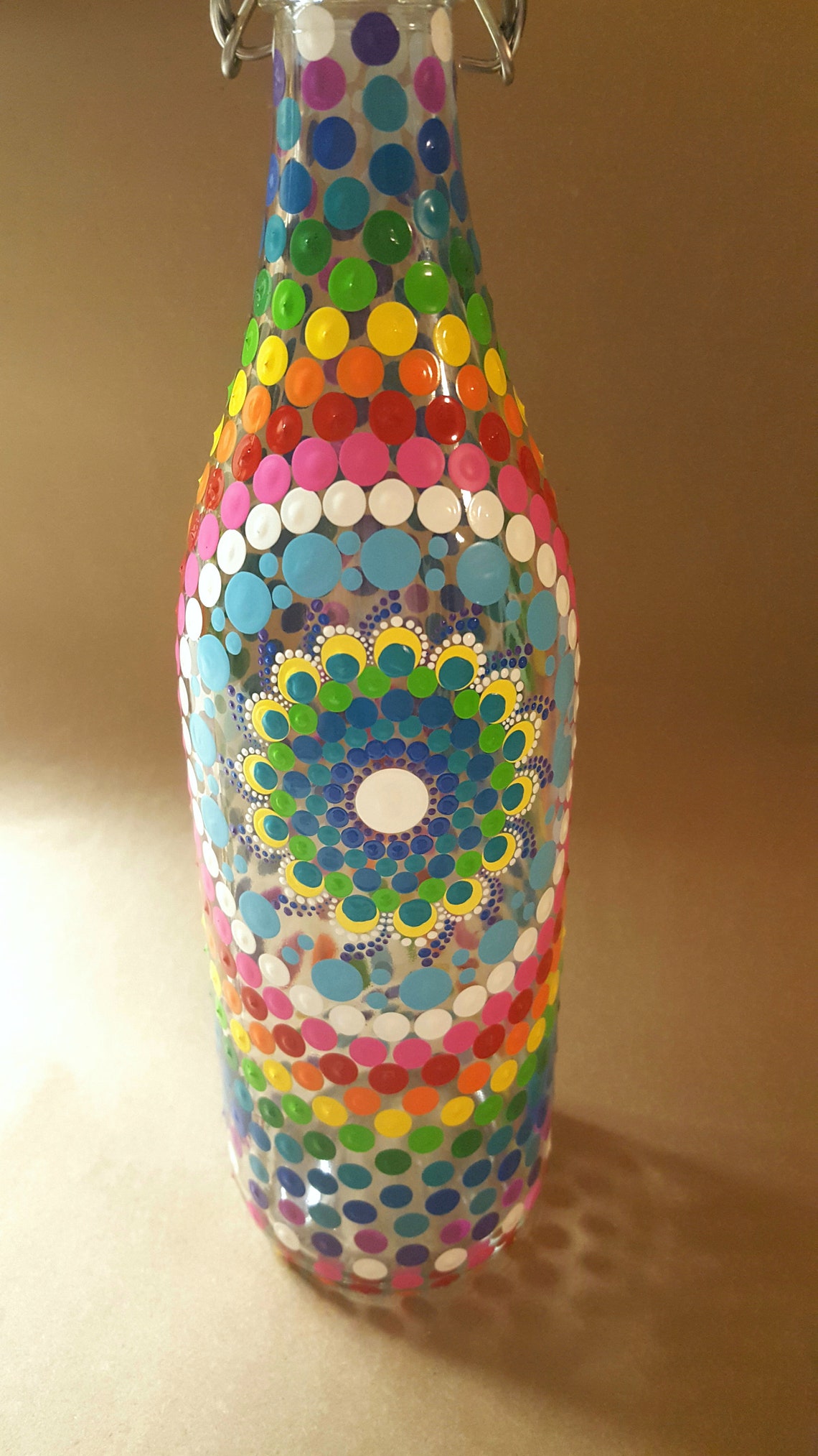 Mandala Wine Bottle, Dot Art Painting, Painted Glass Bottles, Rainbow ...