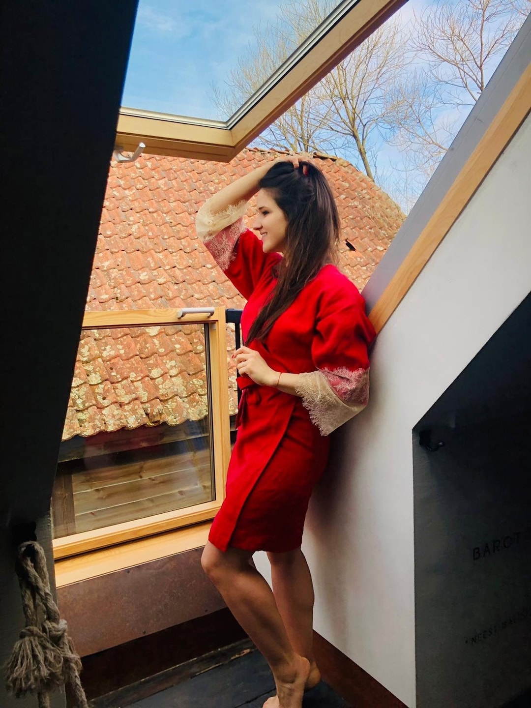 Linen Robe Poppy Red Bathrobe Women Homewear Stonewashed Linen Natural ...