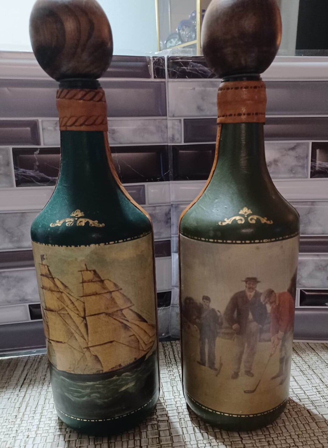 Vintage Fausto Corduri Italian Leather Wrapped Decanters With Wood ...