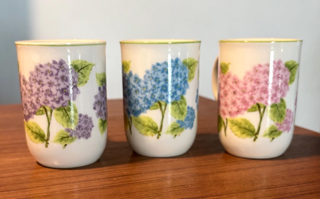 Hydrangea Flowers Coffee Tea Cups in Pink Blue Purple Ceramic Mugs ...