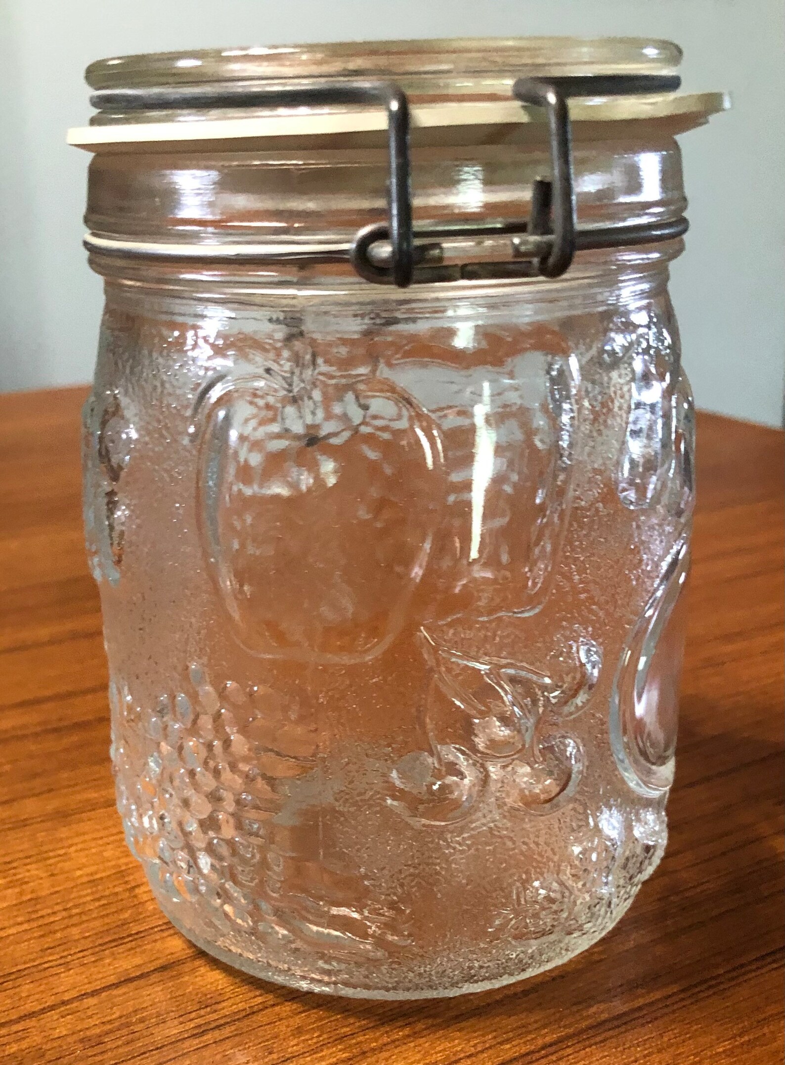 TC Wheaton Glass Mason Style Jar Canister Embossed Fruit With Wire Bale ...