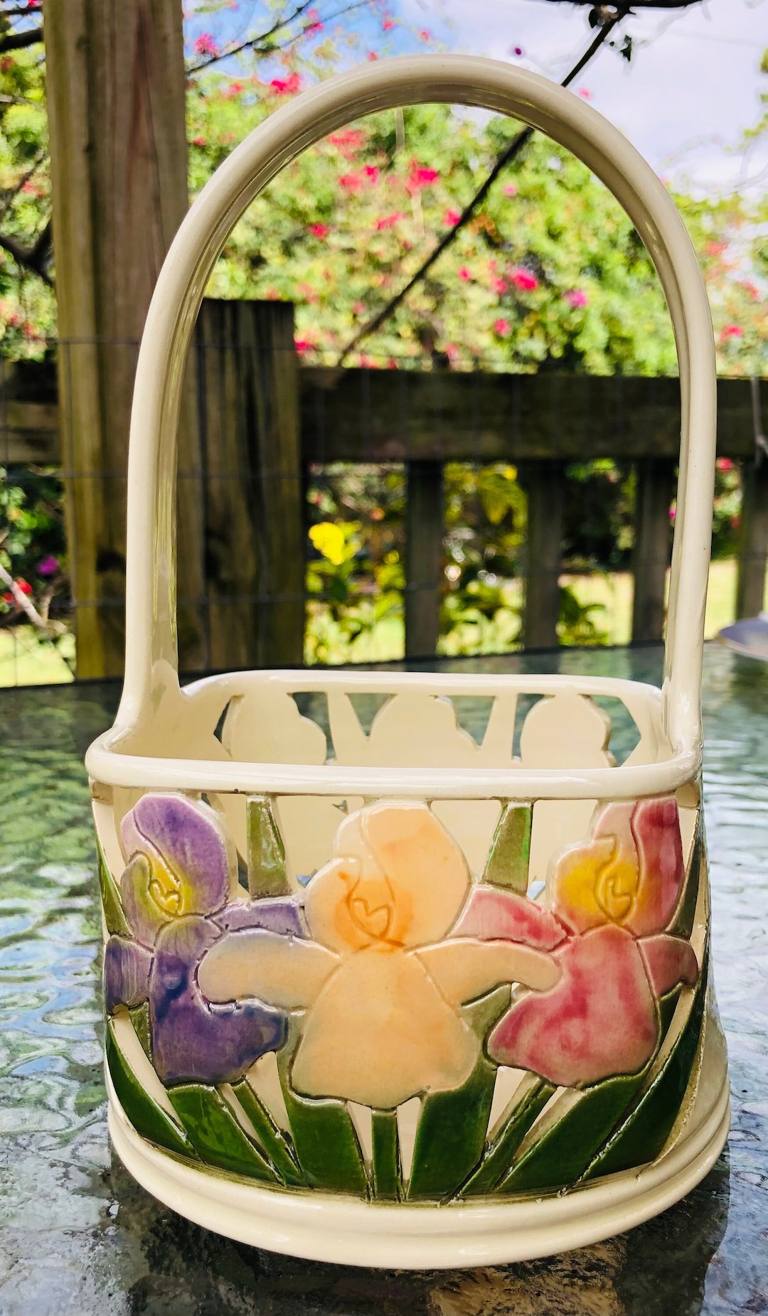 Handmade Ceramic Basket With Iris Purple Pink Peach Flowers by Nelson ...