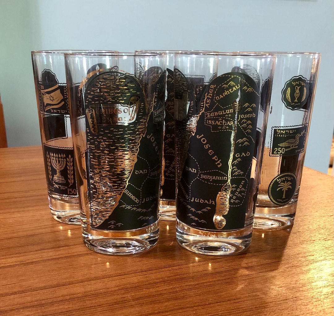 Judaism Tribes of Israel Mid Century Highball Glasses 22k Israeli Map ...