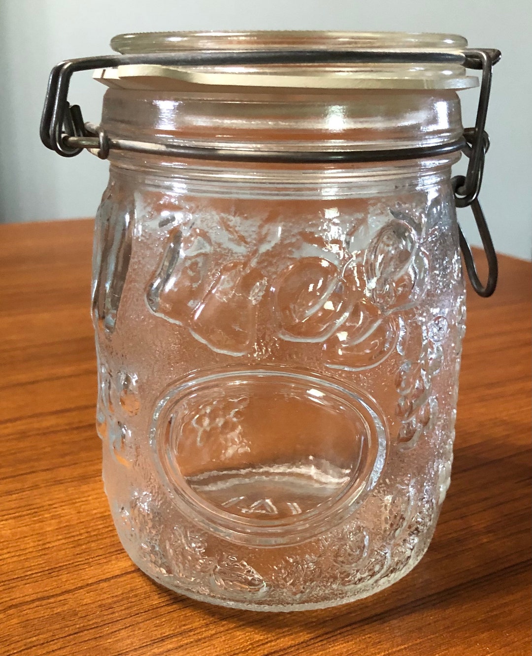 TC Wheaton Glass Mason Style Jar Canister Embossed Fruit With Wire Bale ...