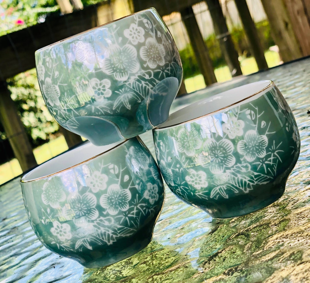 Japanese Lustreware Teacup Saki Cup Aqua Green Blue W/white Flowers ...
