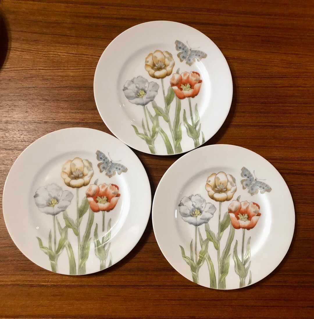Fitz & Floyd Pastel Poppy Flower W/butterfly Bread/butter and Salad ...