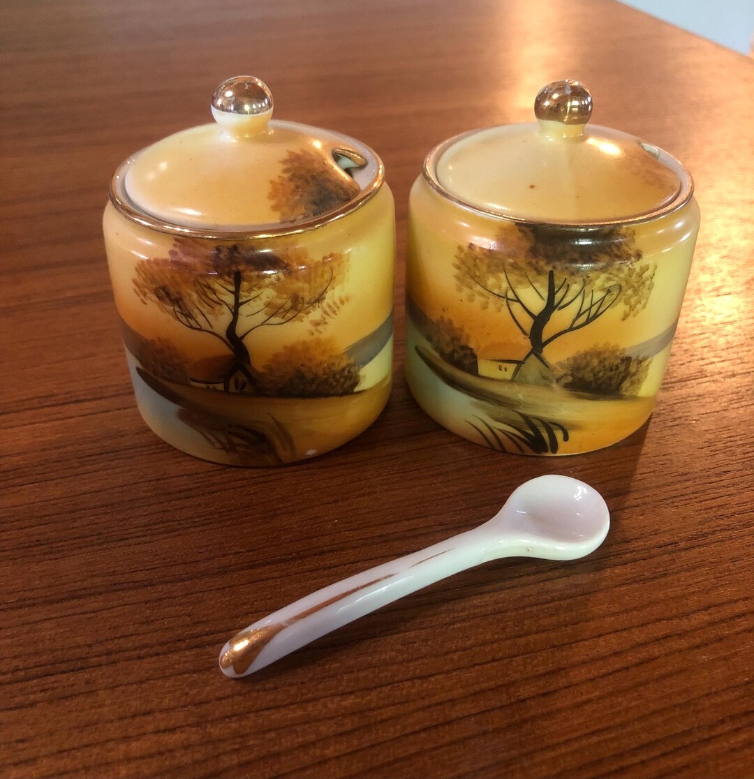 Noritake Morimura Mustard Spice Jam Jars Antique 1920s Lakeside Scene ...