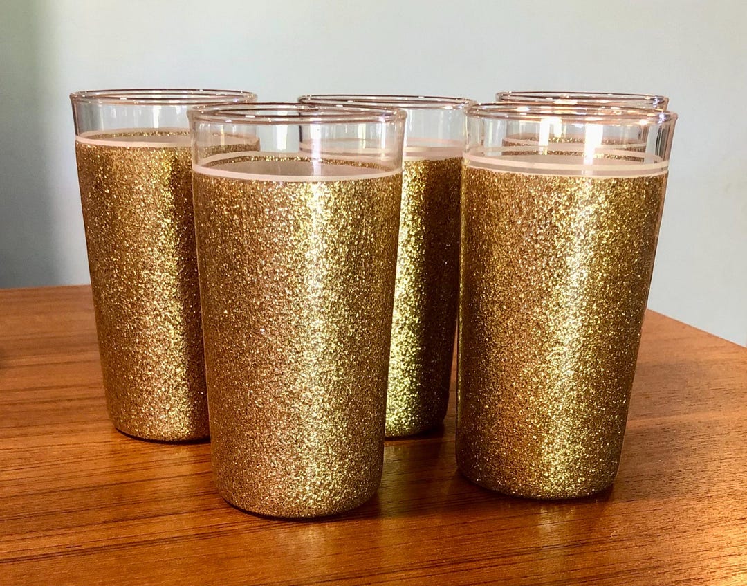 Mid Century Gold Glitter Rubber Coated Glamalite Hazel Atlas Fire King ...