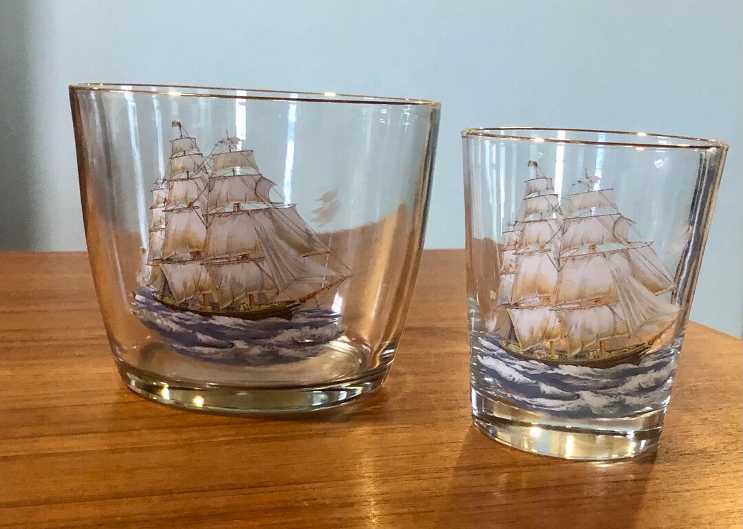 Vintage Ice Bucket & Glass Full Sail Clipper Ship on Ocean Waves Glass ...