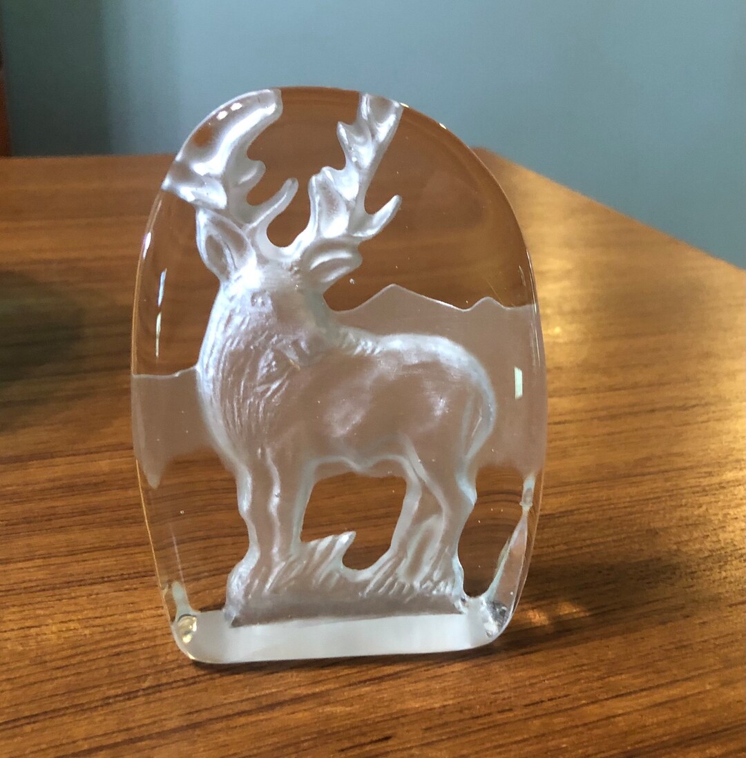 Stag Elk Deer Buck Etched Crystal Carved Glass Paperweight Hunter Lodge ...