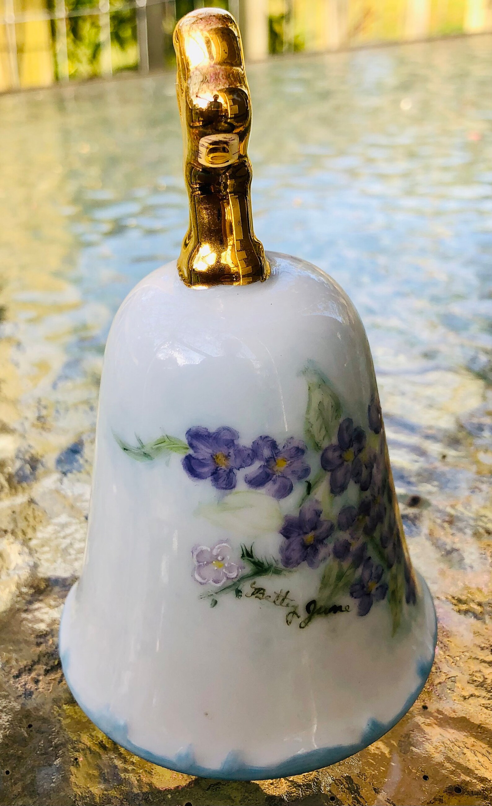 Porcelain Hand Painted Bell With Purple Violet Flowers and Gilt Gold ...
