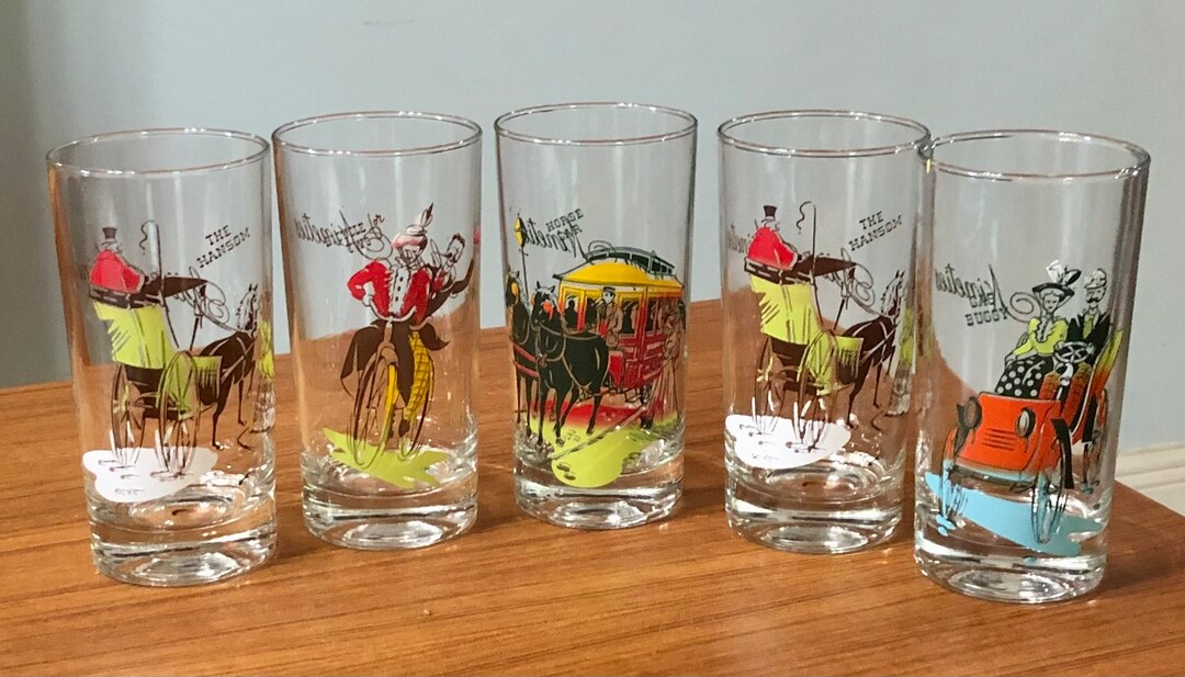 Mid Century Anchor Hocking Party Gay Nineties Modes of Transportation Highball Cocktail Barware ...
