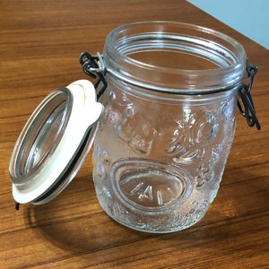 TC Wheaton Glass Mason Style Jar Canister Embossed Fruit With Wire Bale ...