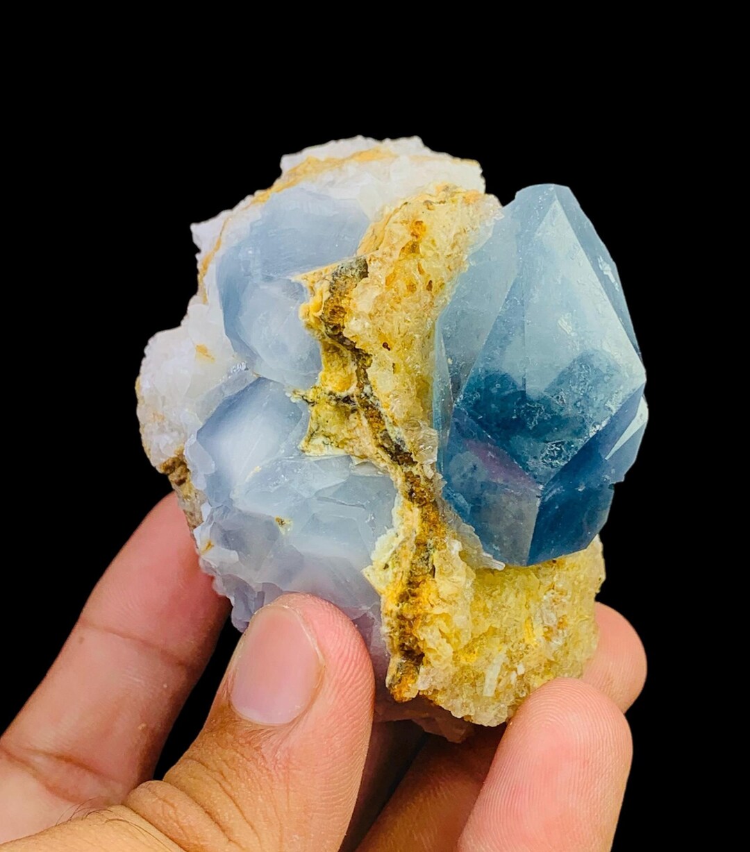 Rich Blue Celestine Crystals Having Wet-lustre With Dogtooth Calcite ...