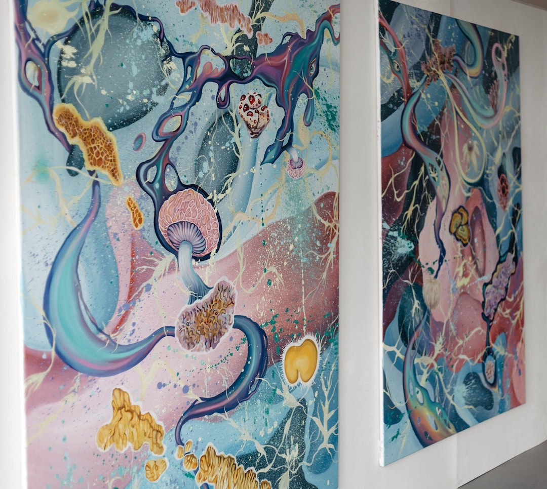 Mushroom Painting,triptych,fungi Artwork,surreal Paintings,psychedelic ...
