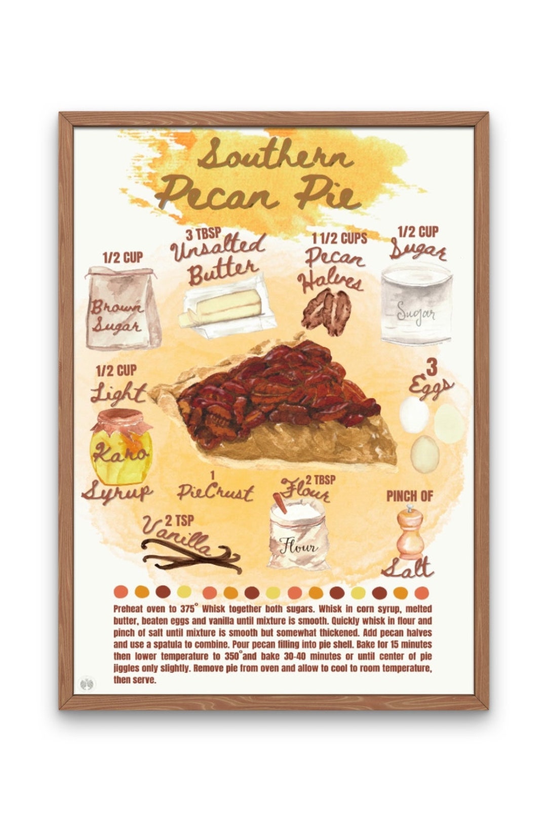 Pecan Pie Recipe Poster, Pie Recipe Wall Art, Kitchen Print, Watercolor ...