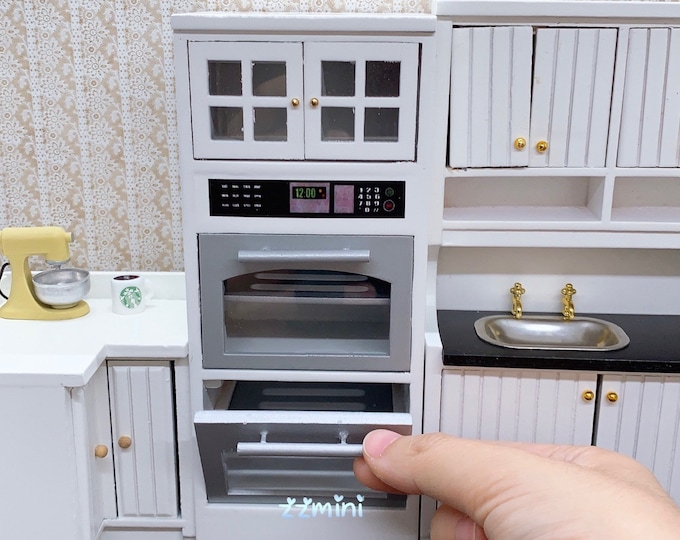 1/12 Dollhouse Miniature White Wooden Microwave Oven Whole Set Cabinet ...