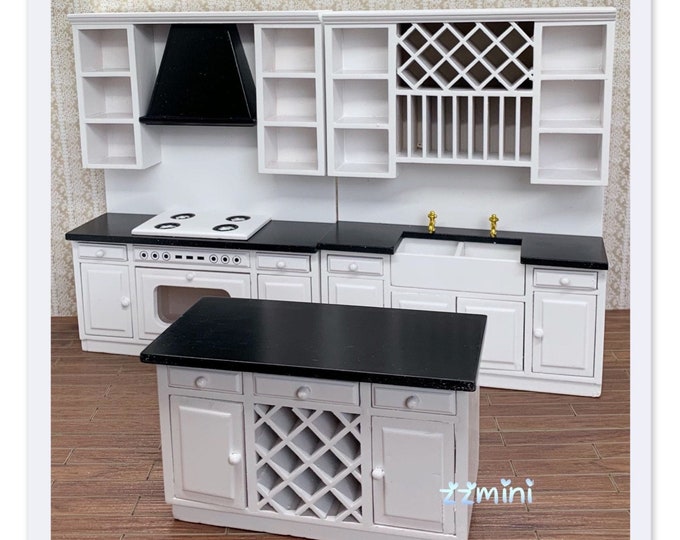 3pcs Dollhouse Miniature Luxury Kitchen Set White Kitchen With Black ...