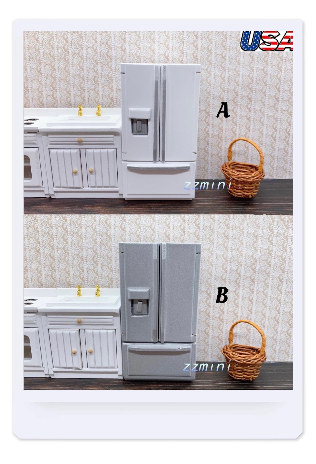 Miniature 1/12 Double-door Wooden Refrigerator Dollhouse Model Kitchen ...