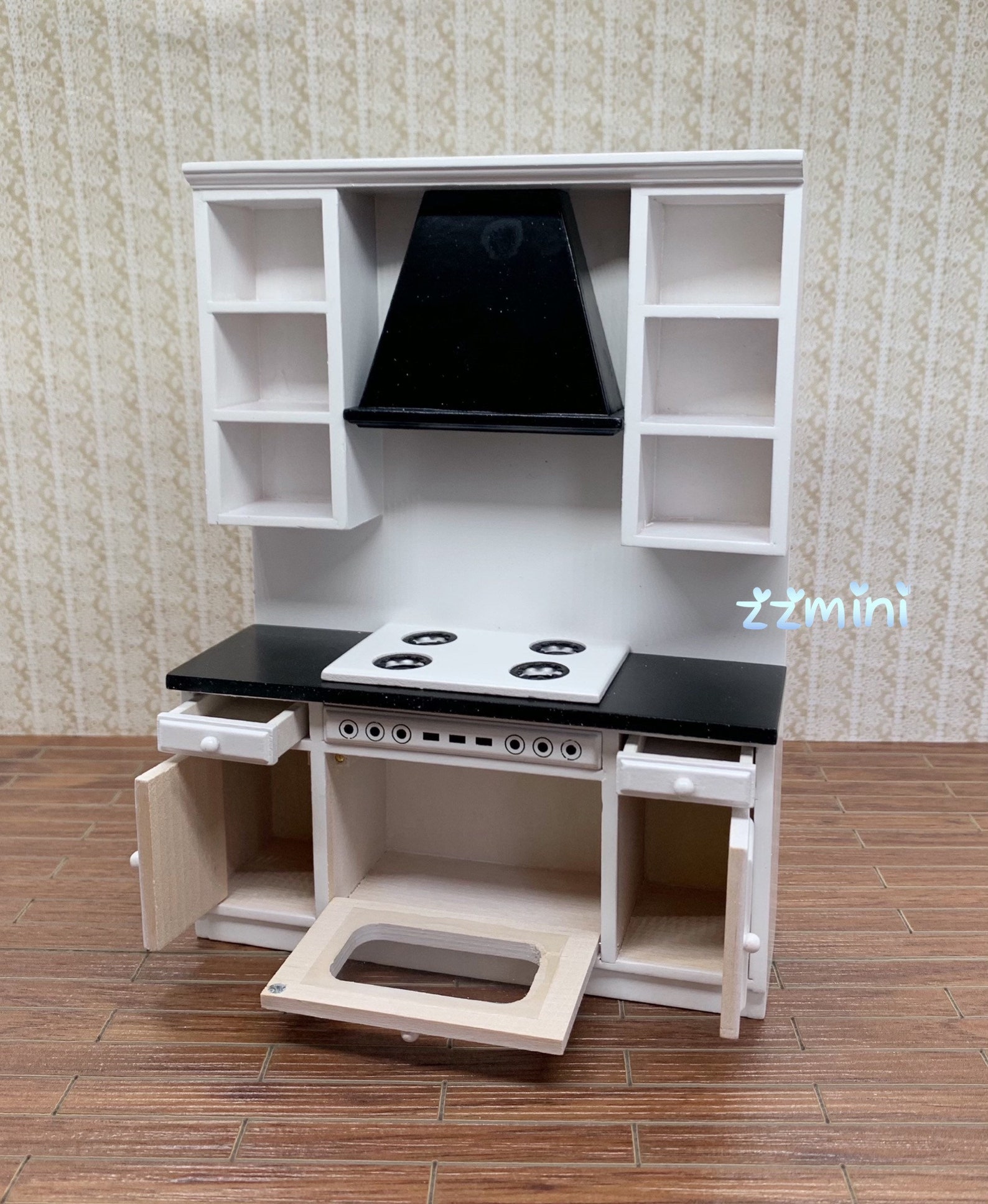 3pcs Dollhouse Miniature Luxury Kitchen Set White Kitchen With Black ...