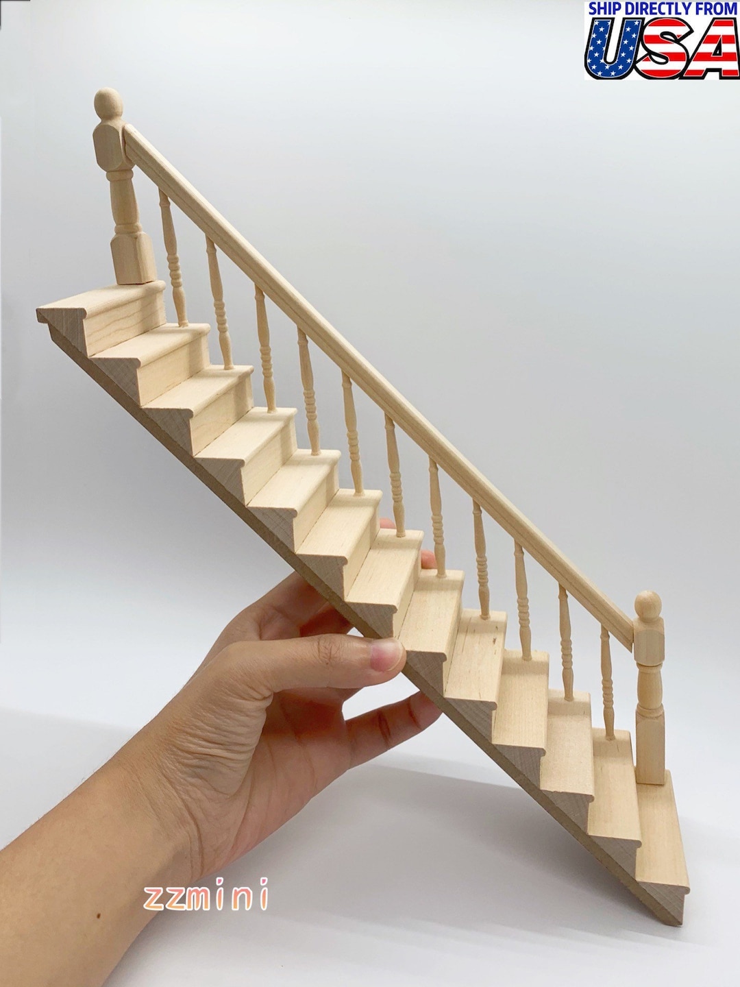 1/12 Dollhouse RIGHT Miniature Staircase Straight Handrail Stair Step ...