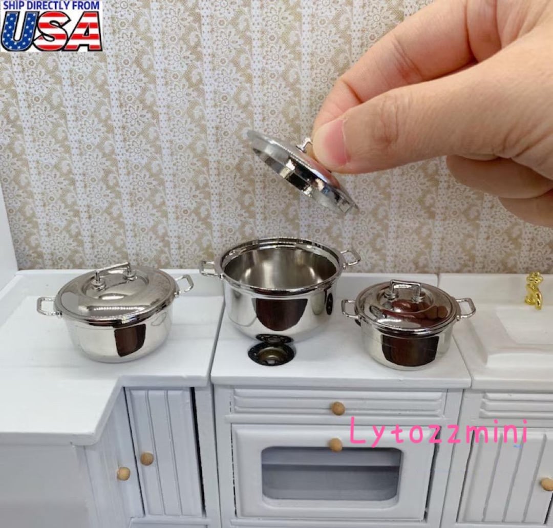 1:12 Dollhouse Miniatures 3PCS Kitchen Real Mini Cooking Soup Pot With ...
