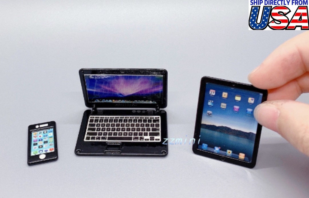 3PCS Dollhouse Miniature 1:12 Black Laptop Computer Tablet Cell Phone ...